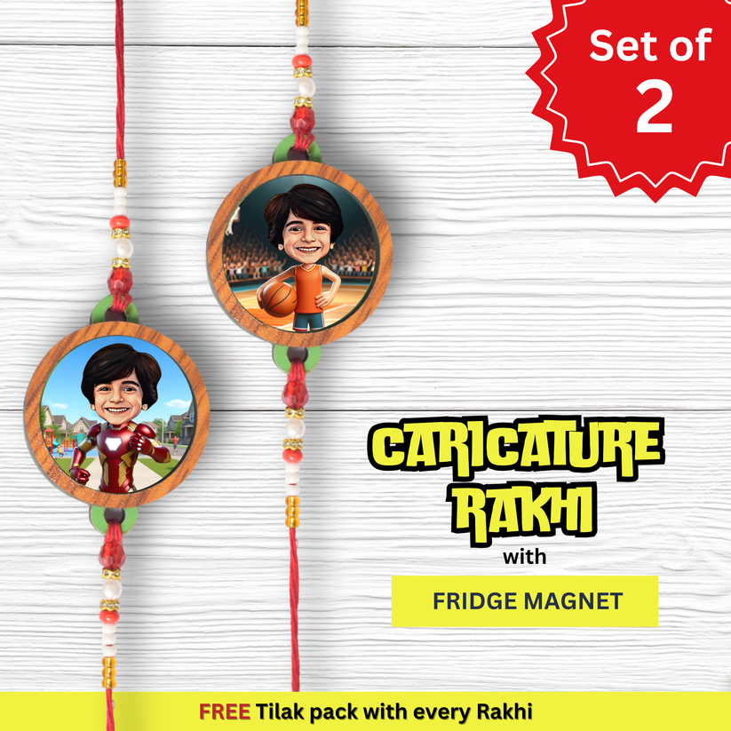 (SET OF 2) Personalized Caricature Rakhi with Fridge Magnet Unique Rak ...